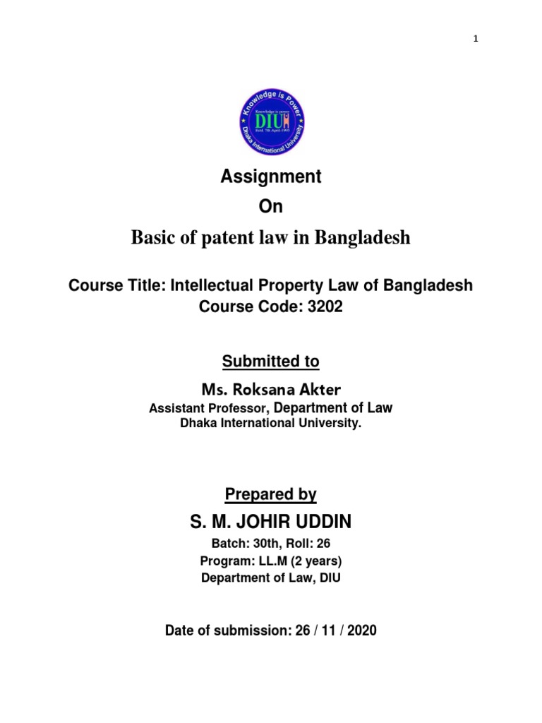 Basic of Patent Law in Bangladesh: Assignment On | PDF | Patent Application | Priority Right