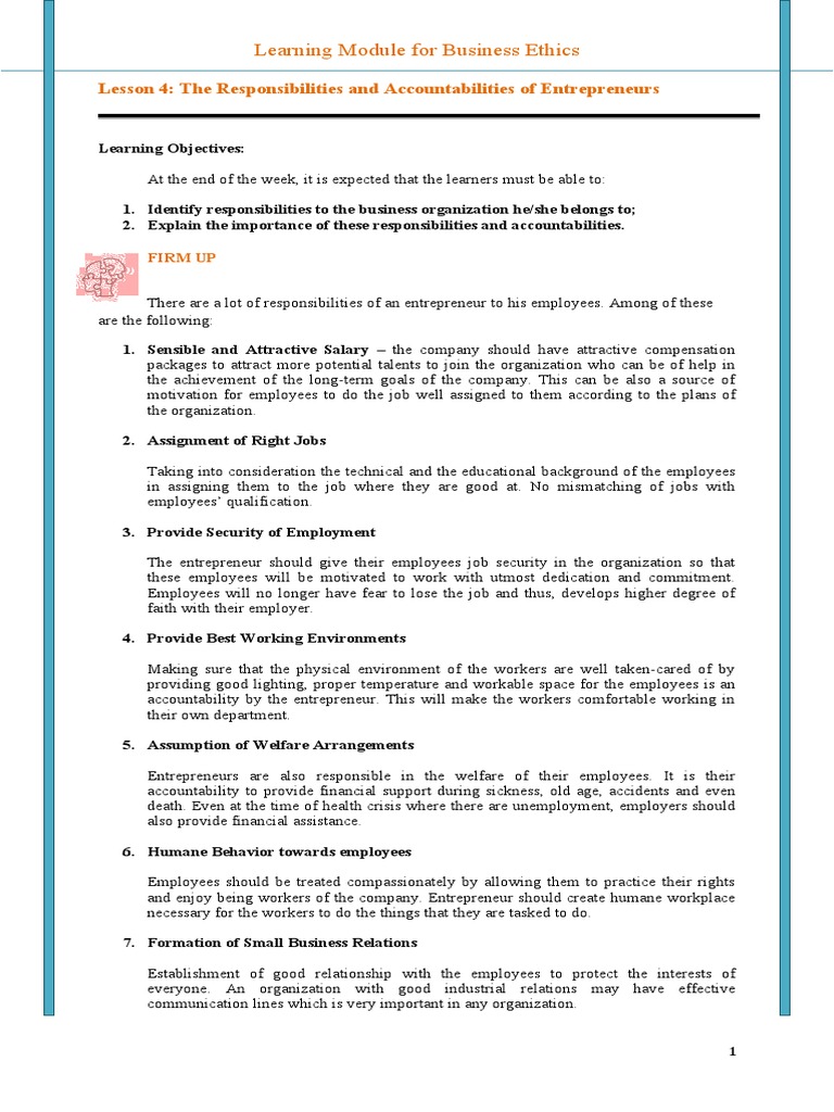 Learning Module For Business Ethics: Lesson 4: The Responsibilities and ...