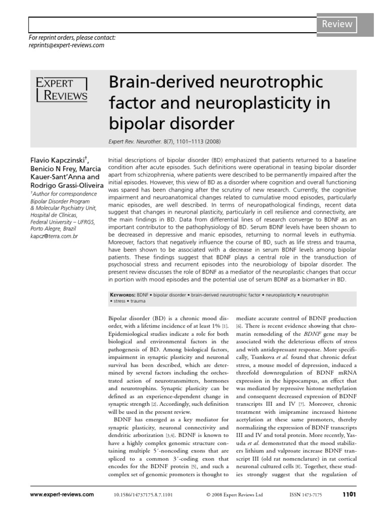 Brain-Derived Neurotrophic Factor and Neuroplasticity in Bipolar ...