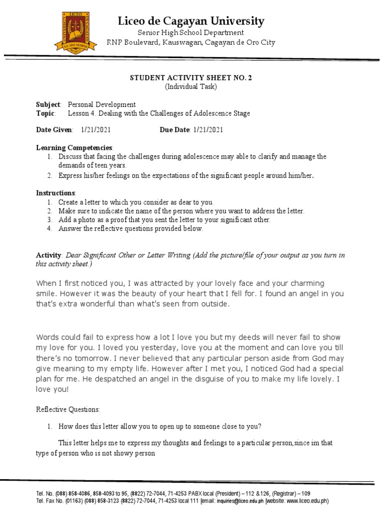 (Template) Activity Sheet No. 2 | PDF | Adolescence