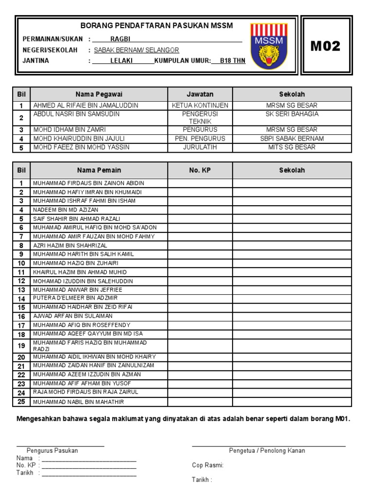 Borang M02 U18 | PDF