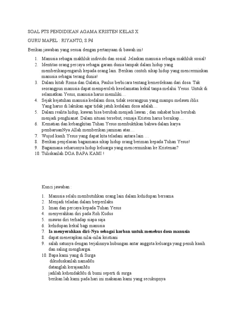 Soal PTS Pendidikan Agama Kristen Kelas X | PDF | Agama & Spiritualitas