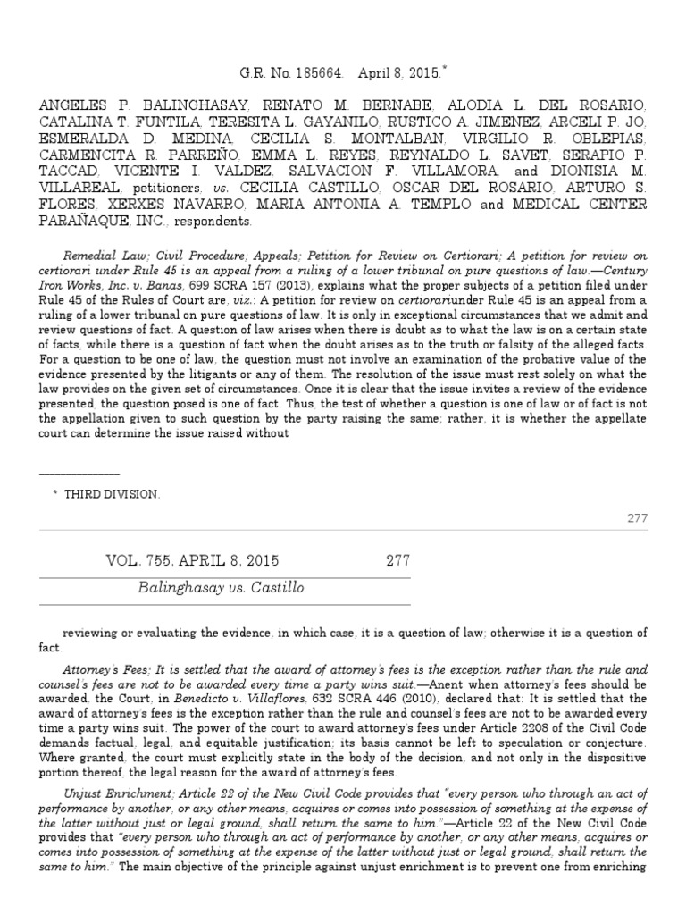 Balinghasay vs. Castillo | PDF | Lawsuit | Complaint