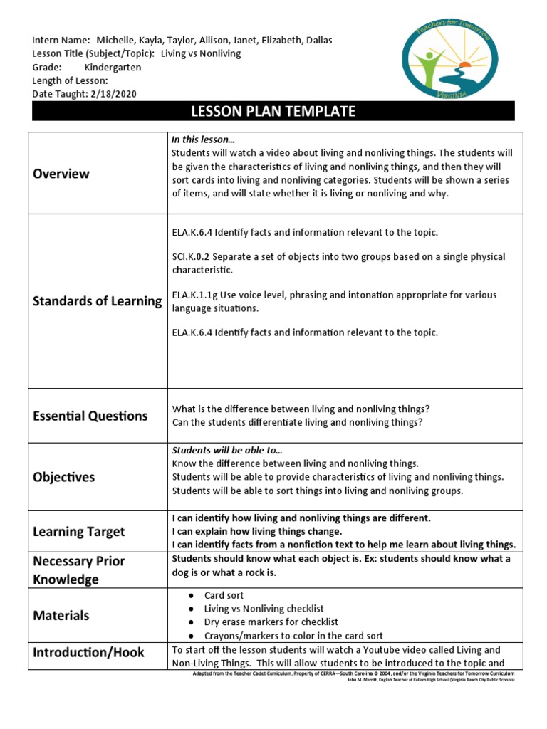Living V Nonliving Lesson Plan | PDF | Lesson Plan | Curriculum