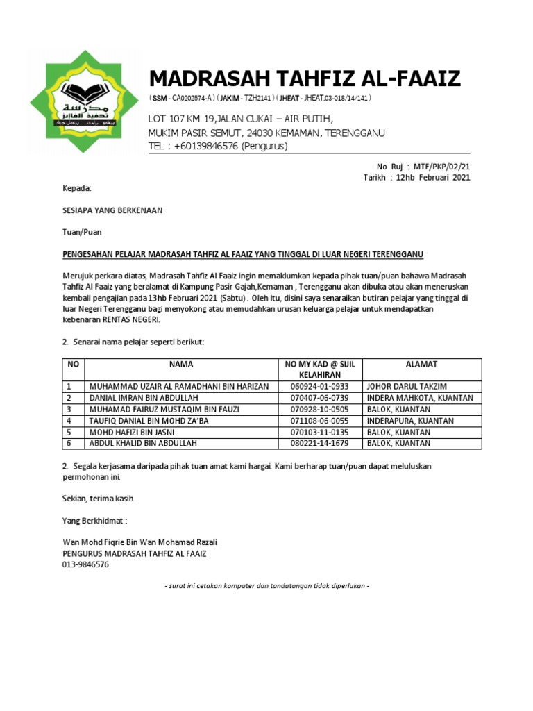 Surat Buka Madrasah (PKP 2.0) | PDF