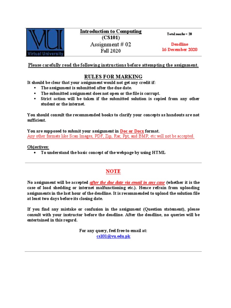 Assignment # 02: Introduction To Computing (CS101) | PDF | Html | Screenshot