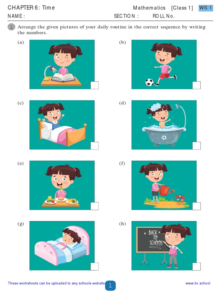 Daily Routine Math Worksheets Class 1 | PDF