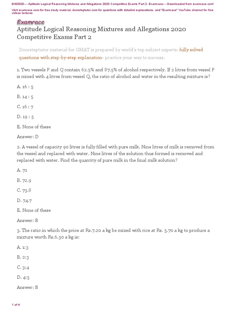 Aptitude Logical Reasoning Mixtures and Allegations 2020 Competitive Exams Part 2 | PDF | Ratio ...