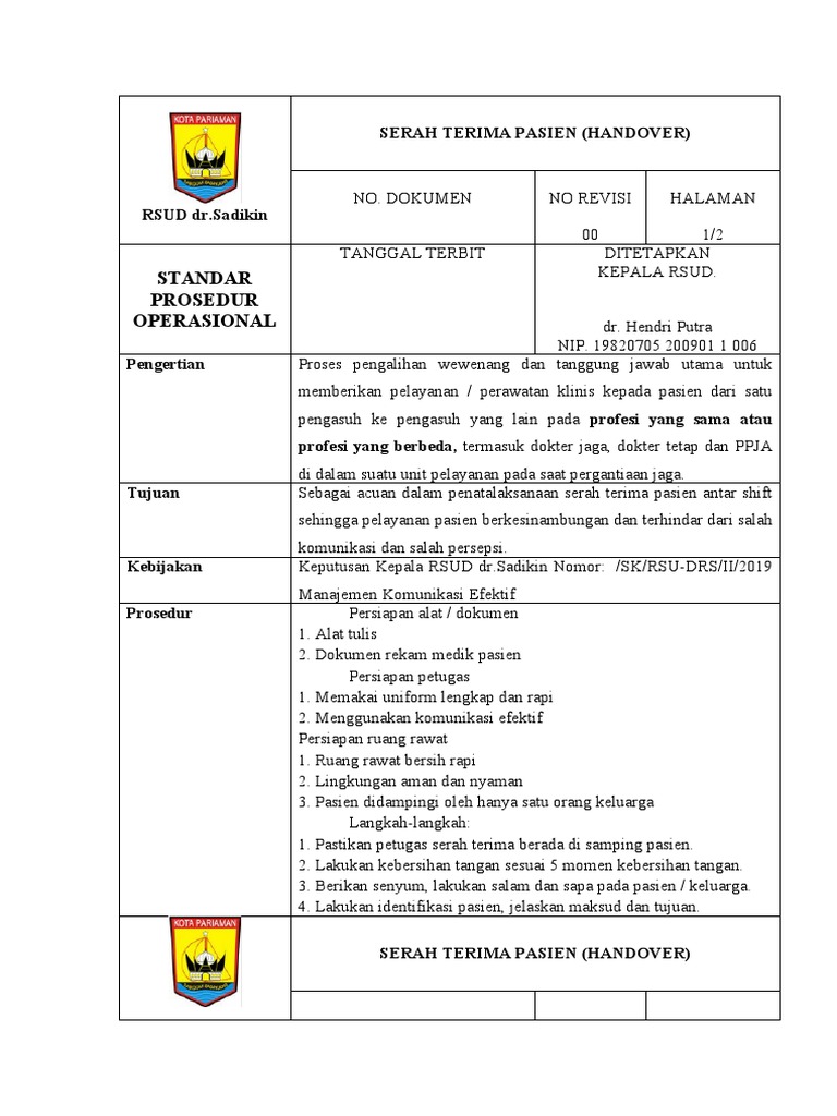 Spo Mke Serah Terima Pasien (Handover) | PDF