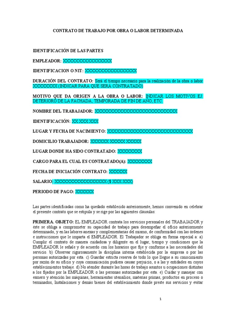 Contrato de Trabajo Por Obra o Labor Determinada | PDF | Derecho laboral | Salario