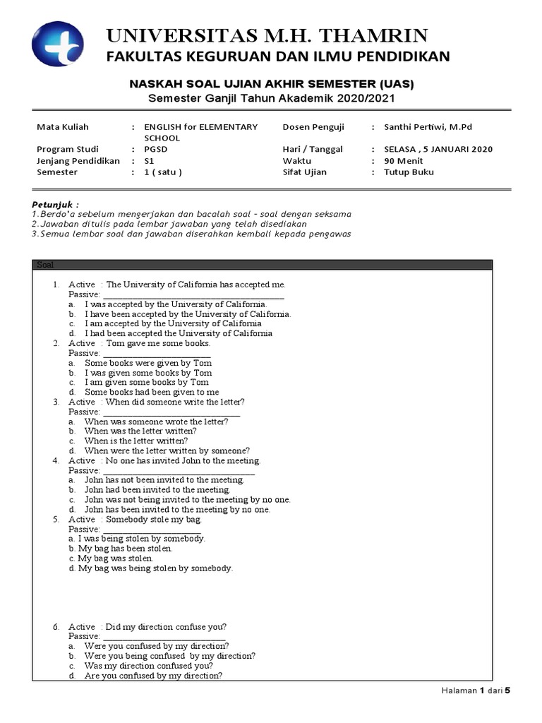 Soal PGSD Bahasa Inggris 20 20 Ganjil Santhi | PDF | Poetry | Writing