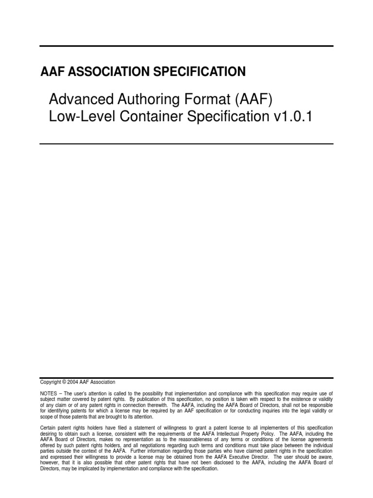 Advanced Authoring Format (AAF) Low-Level Container Specification v1.0. ...