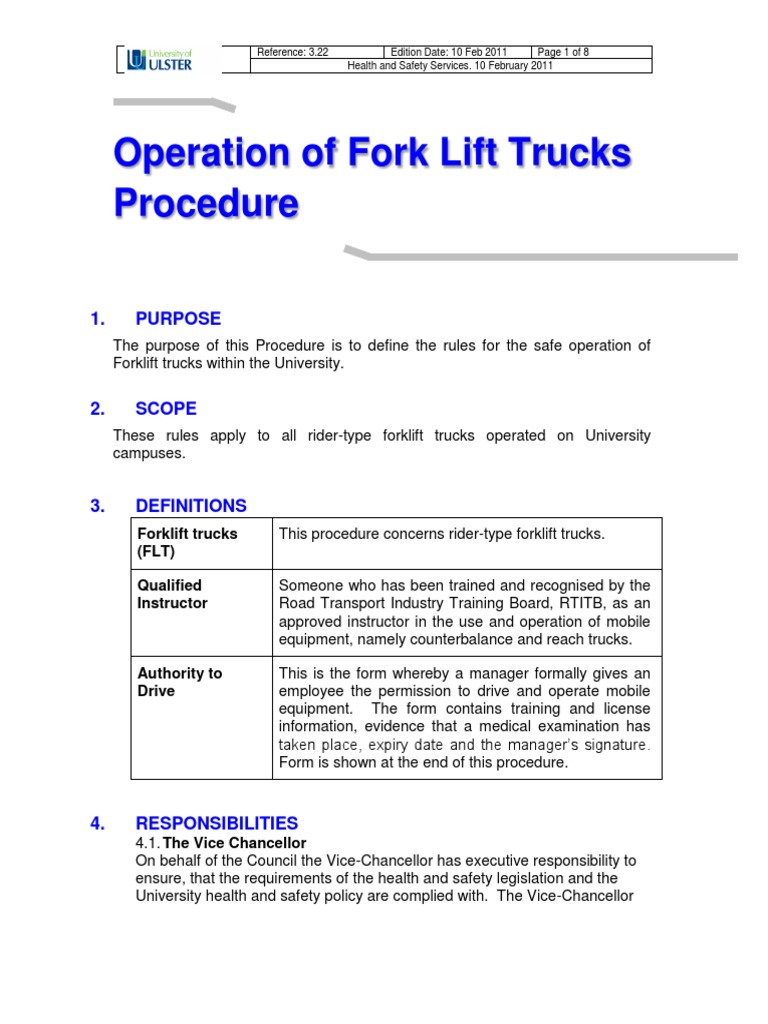Operation of Fork Lift Trucks Procedure: 1. Purpose | PDF | Forklift ...