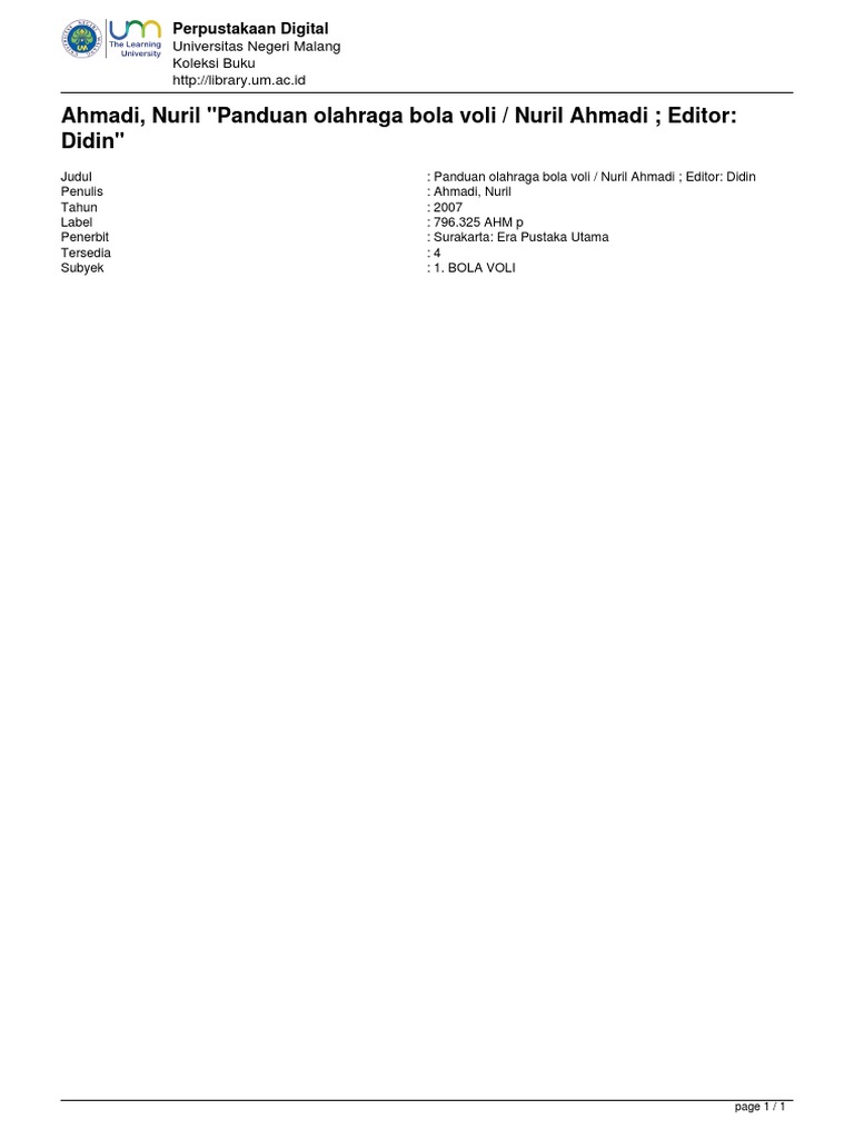 Ahmadi, Nuril "Panduan Olahraga Bola Voli / Nuril Ahmadi Editor: Didin" | PDF