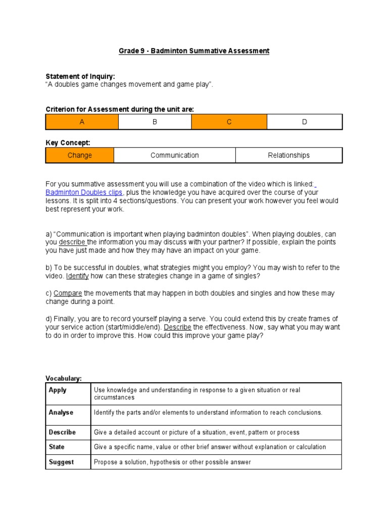 Grade 9 - Badminton Summative Assessment | PDF | Health Education ...