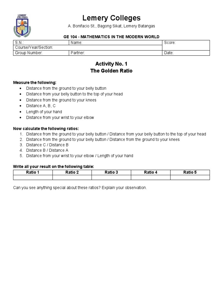 Golden Ratio Measurement Activity | PDF | Self-Improvement | Wellness