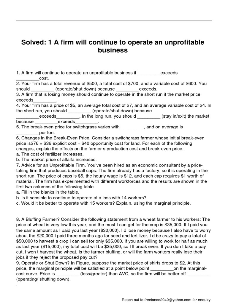 1 A Firm Will Continue To Operate An Unprofitable Business | PDF ...