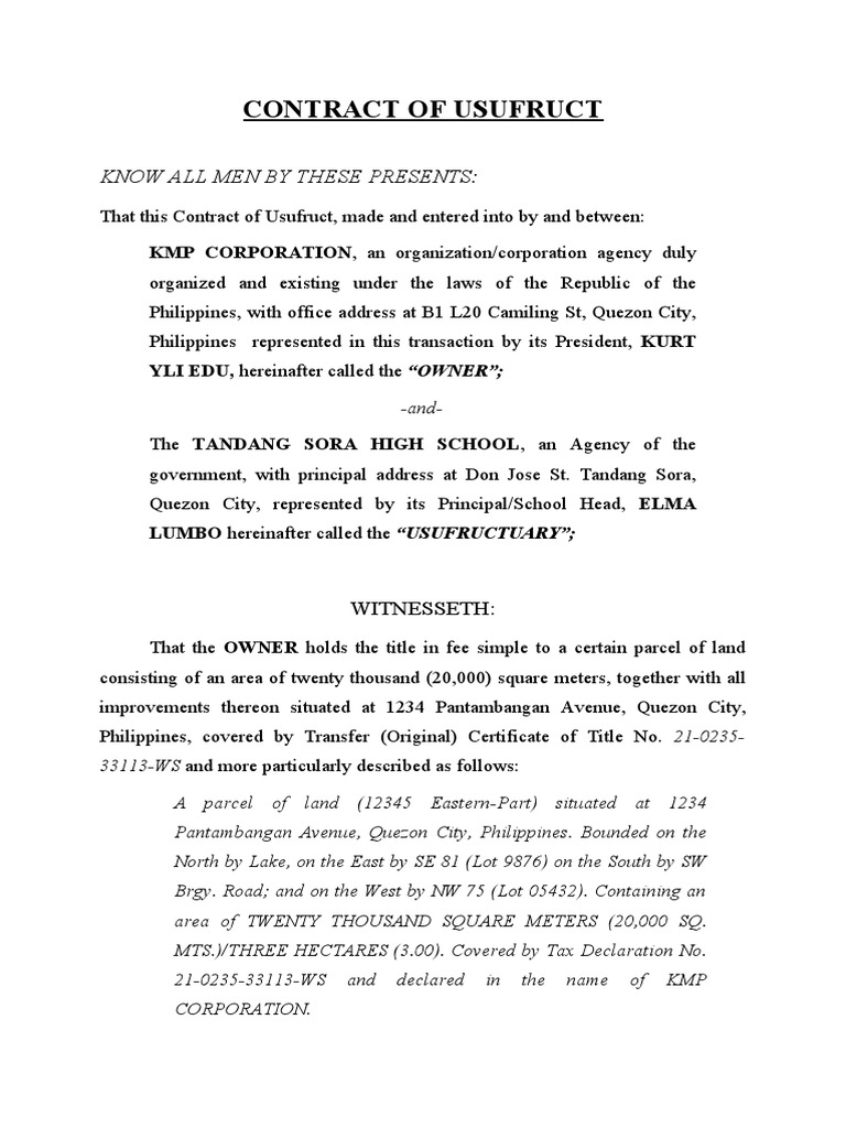 Contract of Usufruct | PDF | Civil Law (Legal System) | Natural ...