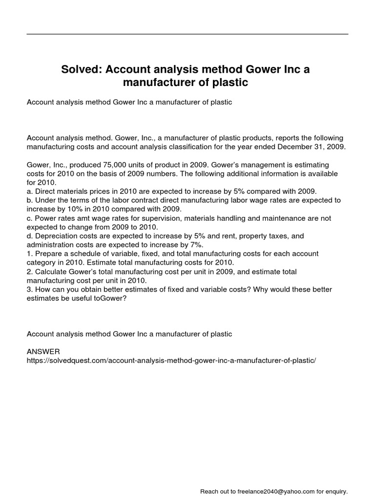 Account Analysis Method Gower Inc A Manufacturer of Plastic | PDF