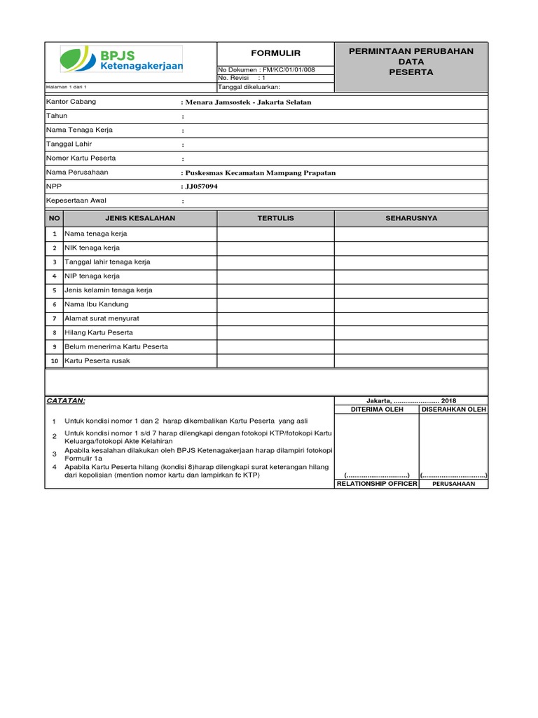 Formulir Perubahan Data Peserta BPJS | PDF