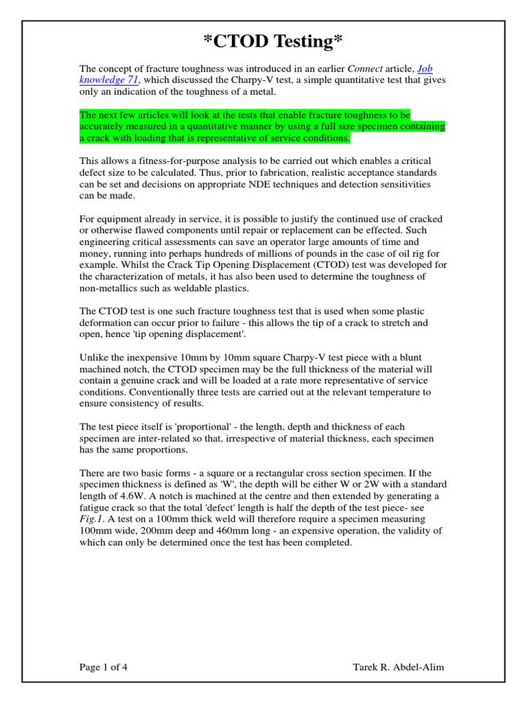 CTOD Testing : Job Knowledge 71 | PDF | Fracture | Fracture Mechanics