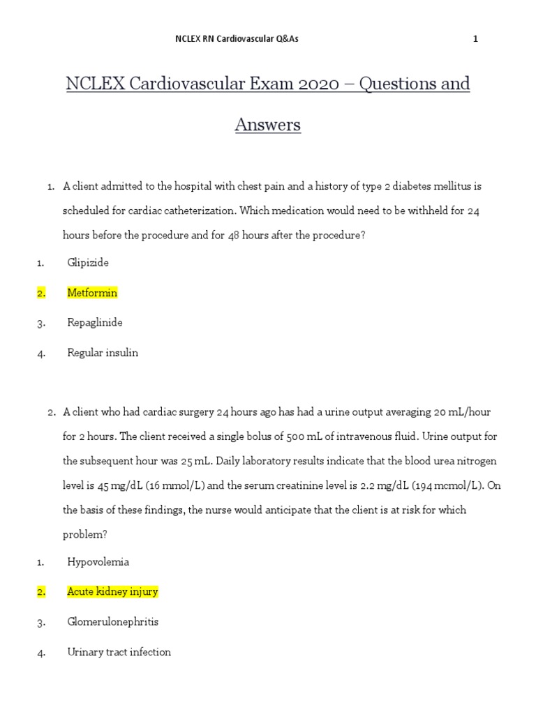 NCLEX Cardiovascular Exam 2020 - Questions and Answers | PDF | Coronary ...