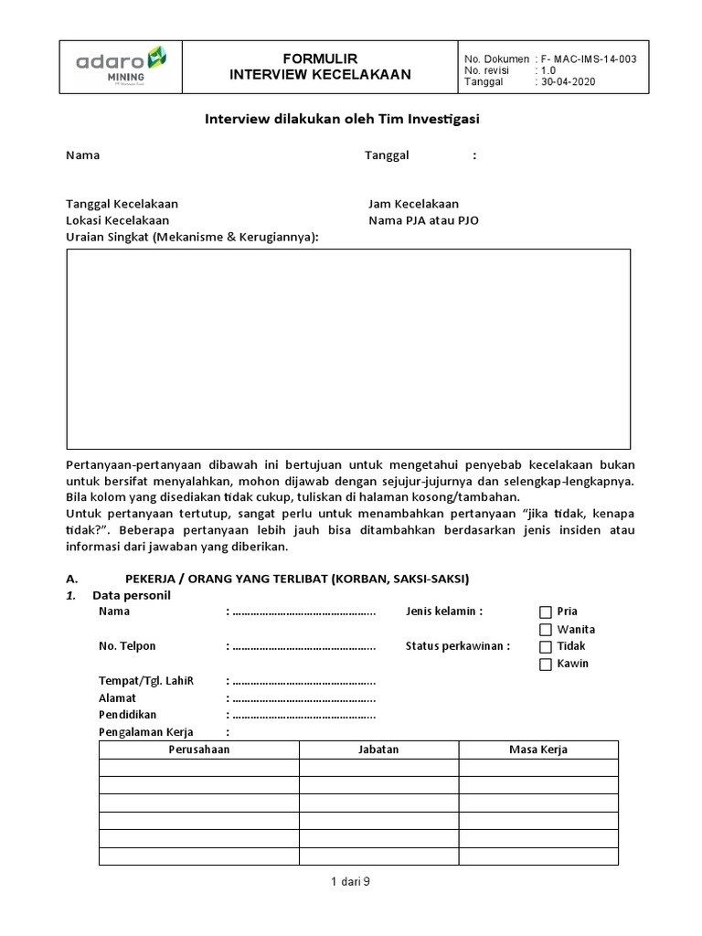 F MAC IMS 14 003 - Formulir - Interview - Kecelakaan | PDF