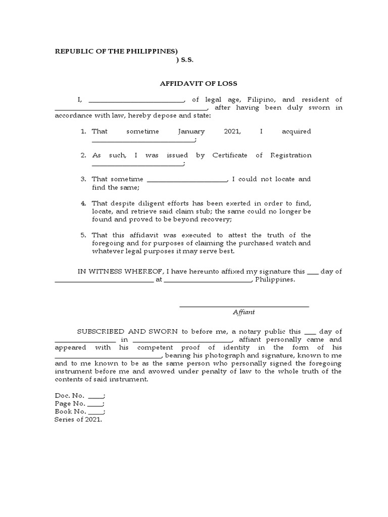 Affidavit of Loss - Draft | PDF