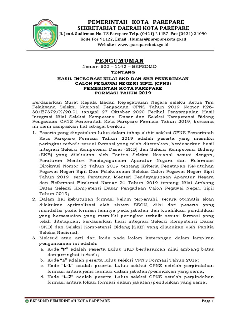 Pengumuman Hasil Integrasi SKD Dan SKB Kota Parepare | PDF