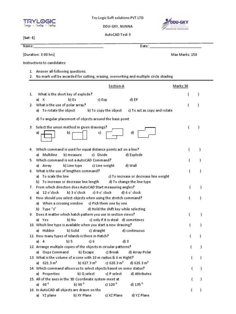 AutoCAD Test 3 (Set 1) | PDF | Cartesian Coordinate System | Angle