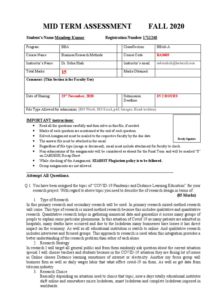Mandeep Kumar BBA 6A BRM MT Assignment | PDF | Sampling (Statistics) | Employment