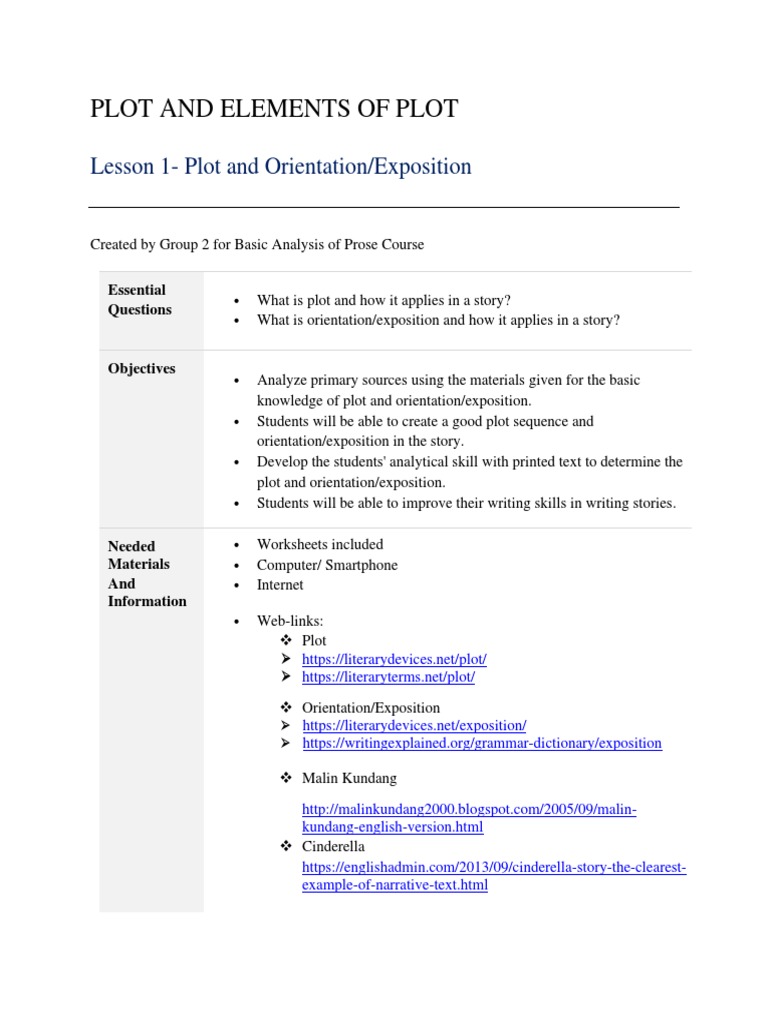 Plot and Exposition - Lesson Plan - Group 2 | PDF | Plot (Narrative ...