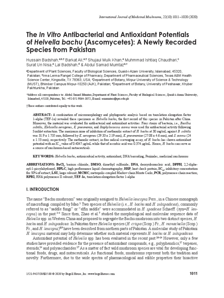 In Vitro Antibacterial and Antioxidant Potentials Helvella Bachu ...