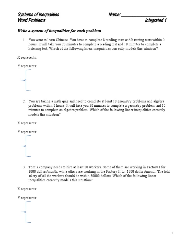 Systems of Inequalities Name: - Word Problems Integrated 1 | PDF ...