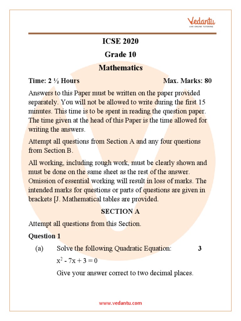 ICSE Class 10 Maths 2020 Exam Paper | PDF | Circle | Area