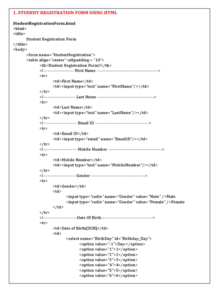 HTML/CSS Student Registration Form | PDF | Xml | World Wide Web ...