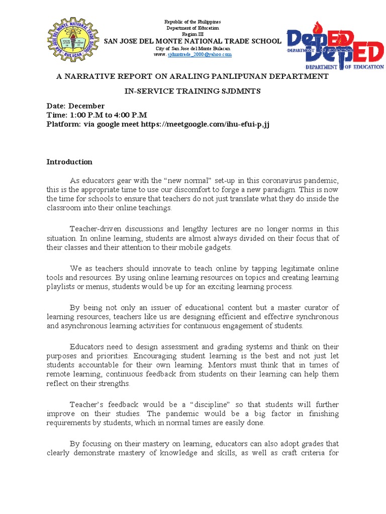 Narrative Inset Day1 | PDF | Educational Assessment | Distance Education