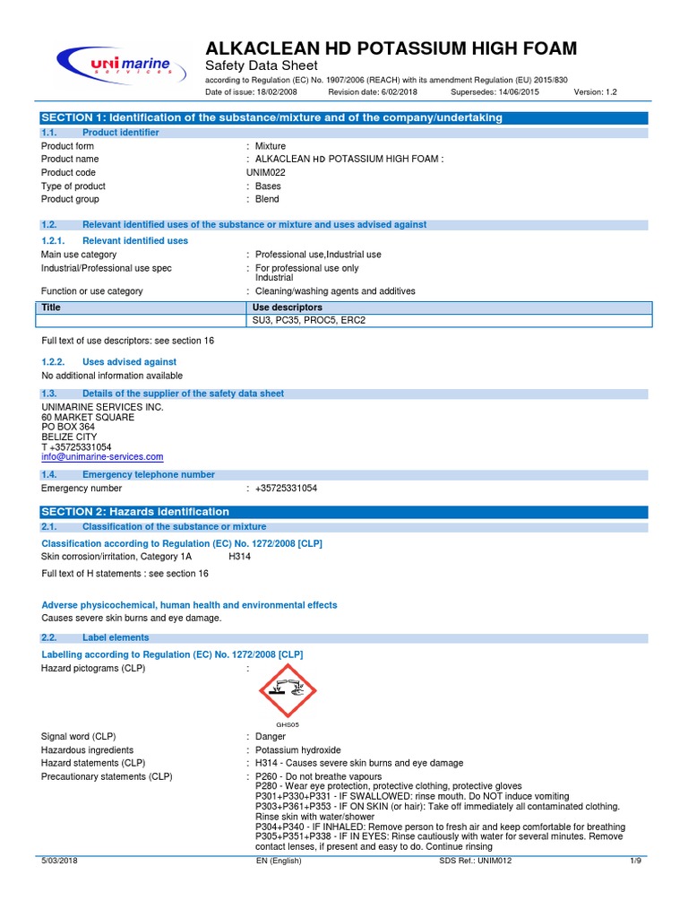 Alkaclean HD Potassium High Foam: Safety Data Sheet | PDF | Dangerous ...
