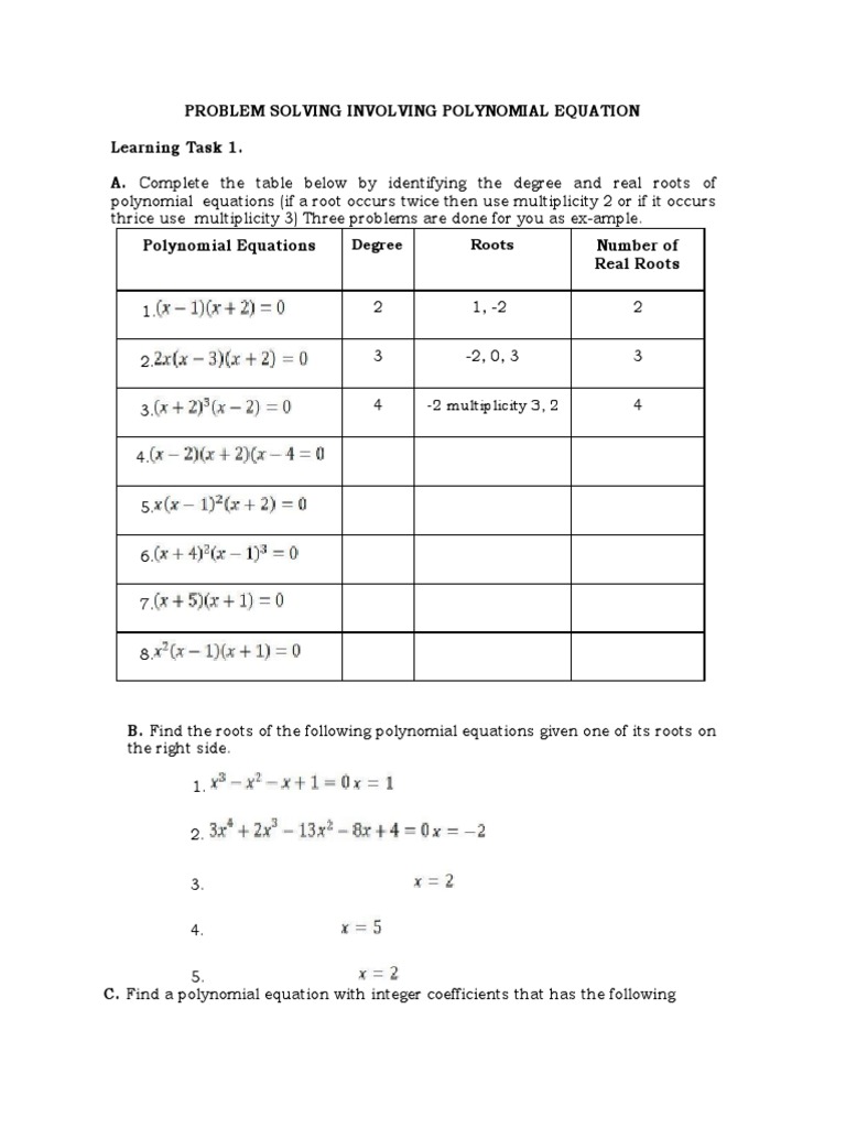 Problem Solving Involving Polynomial Equation Learning Task 1 | PDF