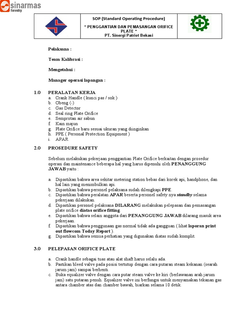 SOP Penggantian Dan Pemasangan Orifice Plate | PDF