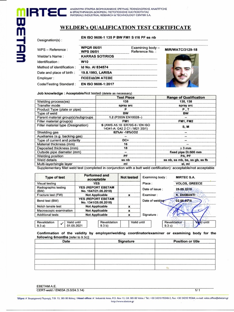 Welder'S Qualification Test Certificate | PDF | Welding | Construction