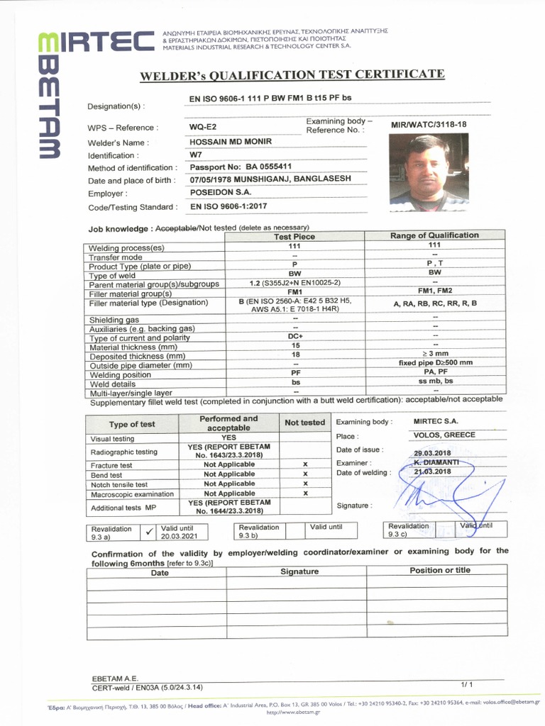 W lRTEC M: Welder Qualification Test Certificate | PDF | Welding ...