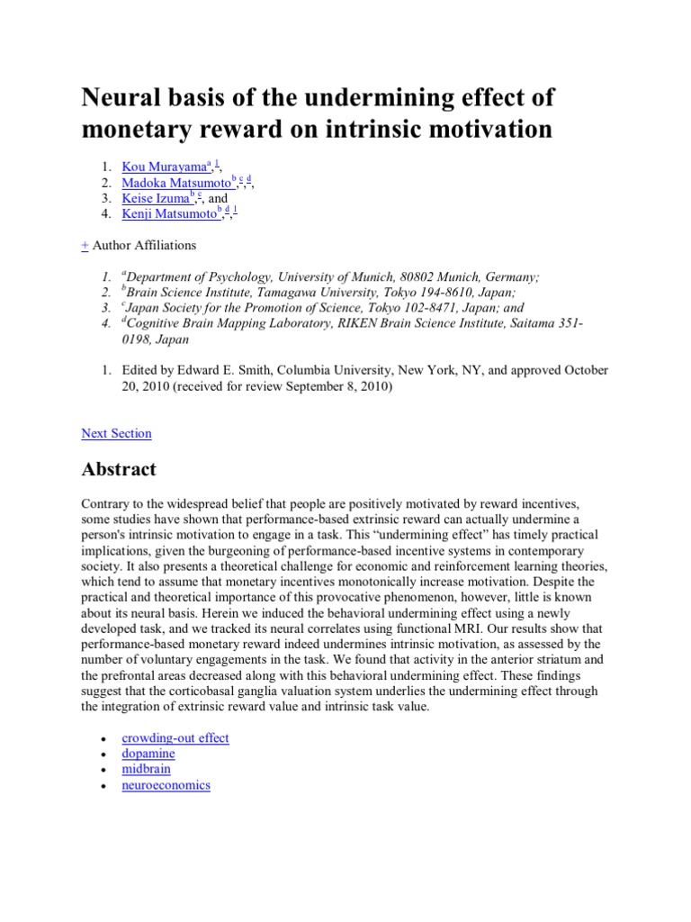 Neural Basis of The Undermining Effect of Monetary Reward On Intrinsic Motivation | PDF | Reward ...