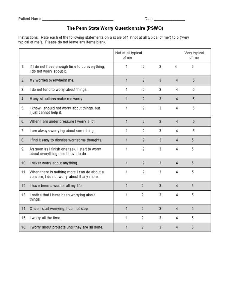 The Penn State Worry Questionnaire (PSWQ) | PDF | Psychology | Human Nature