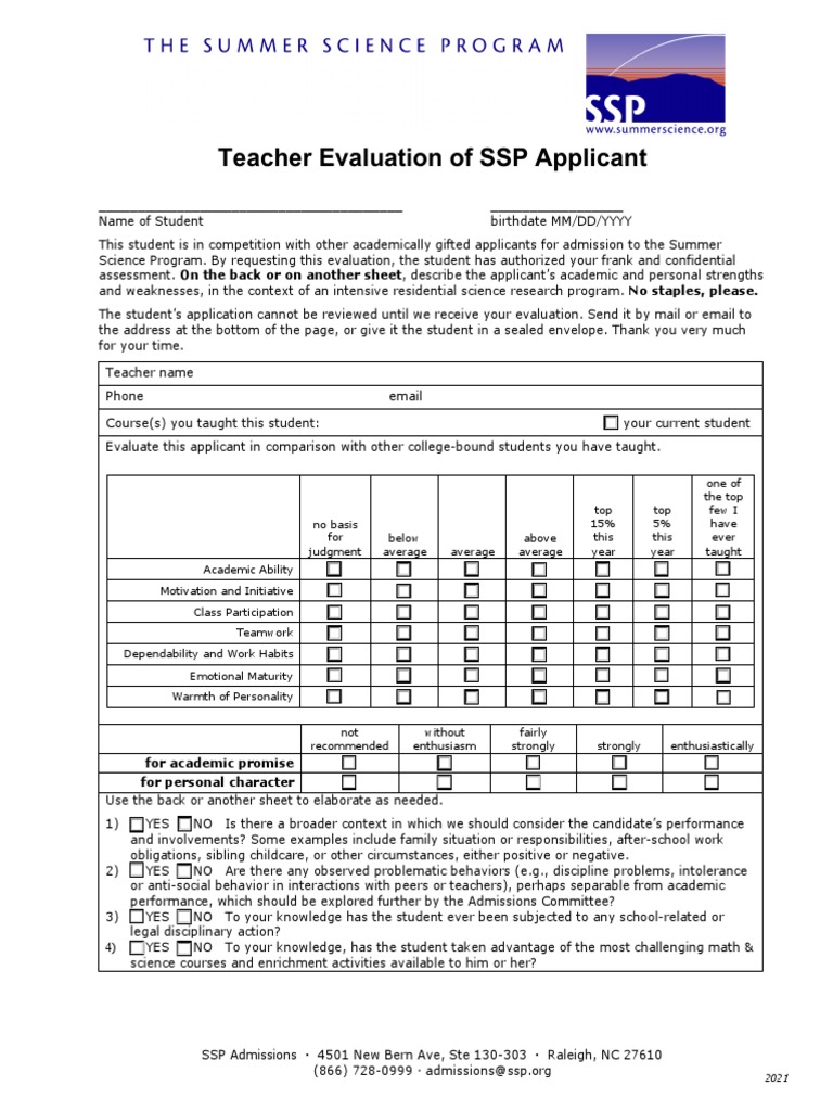 SSP Teacher Evaluation Form | PDF | Human Nature | Learning