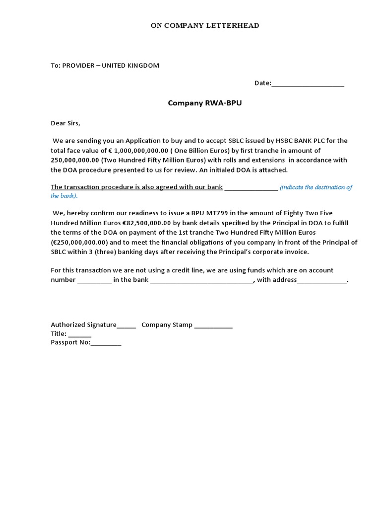 RWA - Company - Letter - (36) SBLC - Provider-UK | PDF