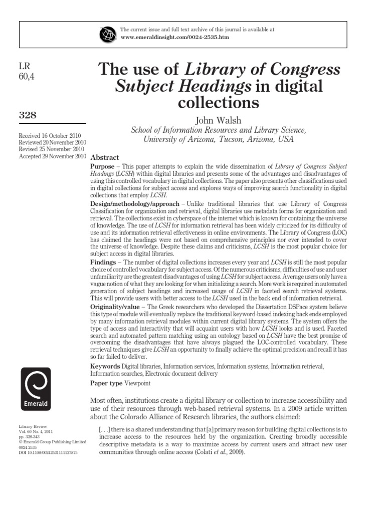 The Use of Library of Congress Subject Headings in Digital Collections ...