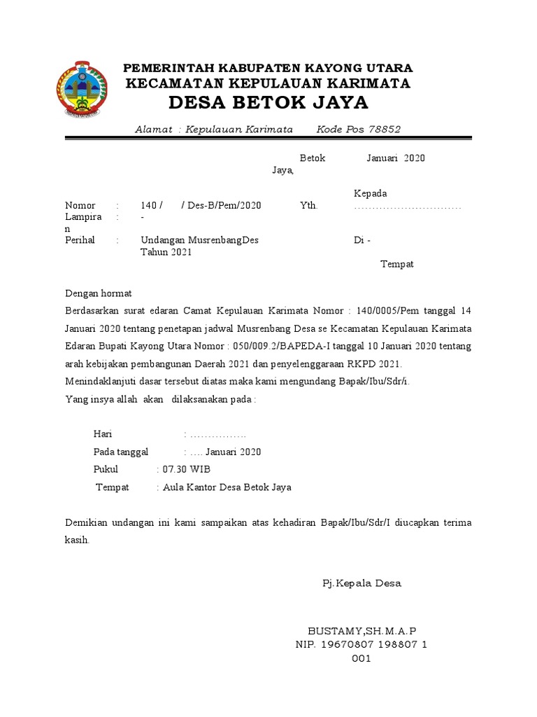 Undangan MusrenbangDes 2021 Betok Jaya | PDF