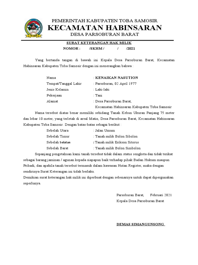 Surat Keterangan Hak Milik | PDF