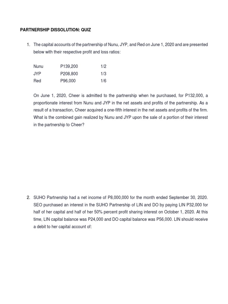 Partnership Dissolution: Quiz | PDF | Balance Sheet | Partnership